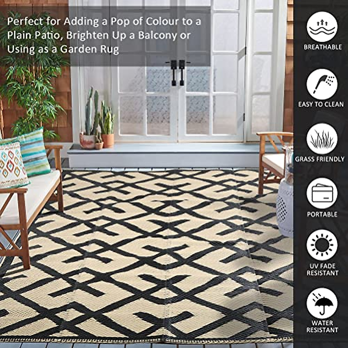 Reversible Mats - Plastic Straw Rug, Outdoor Rug for Patio Clearance Decor, Modern Area Rugs, Floor Mat for Outdoors, RV, Backyard, Deck, Picnic, Beach, Trailer, Camping, Black & Beige, 5' x 8'