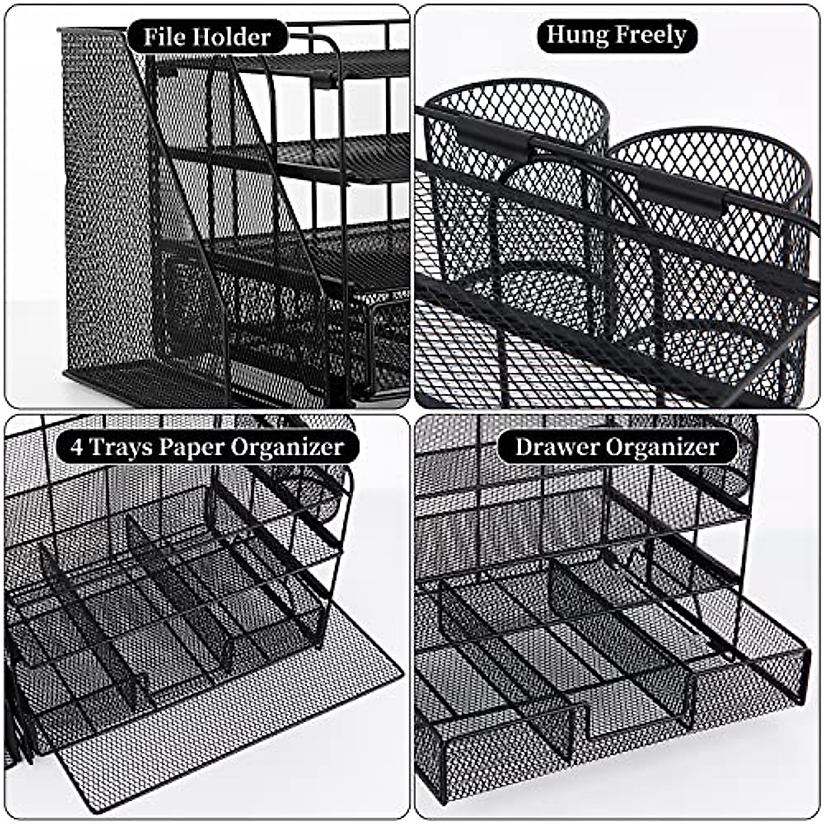 gianotter Paper Organizer with File Holder for Desk, 4 Tier Letter Tray Office Desk Organizers and Accessories - Workspace Organizers with Drawer and 2 Pen Holder for Office Supplies (Black)