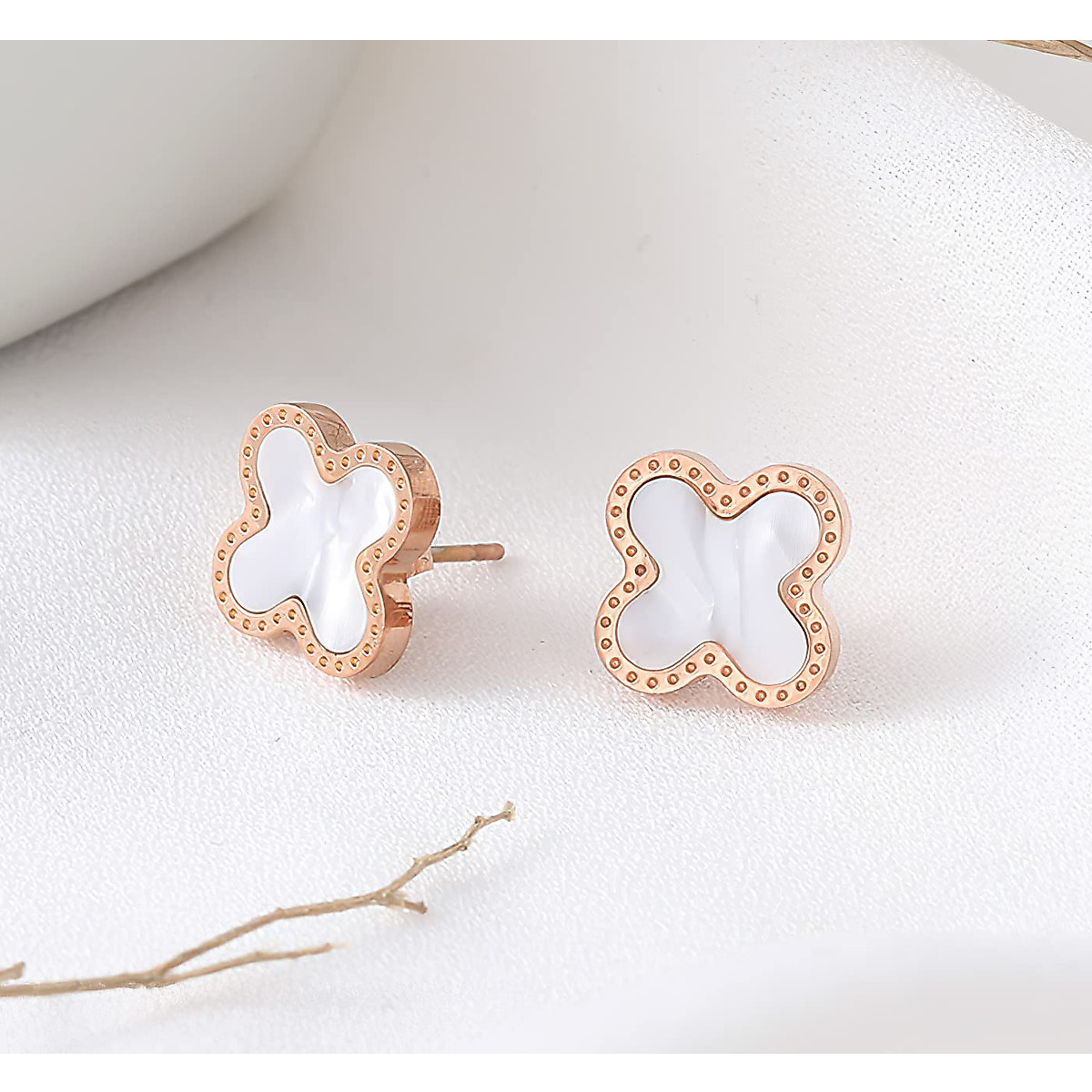 Four Leaf Clover Earrings for Women 18K Rose Gold Plated Stainless Steel Lucky 4 Leaf Ear Studs Jewelry Gift for Mother and Daughter (White & Rose Gold)