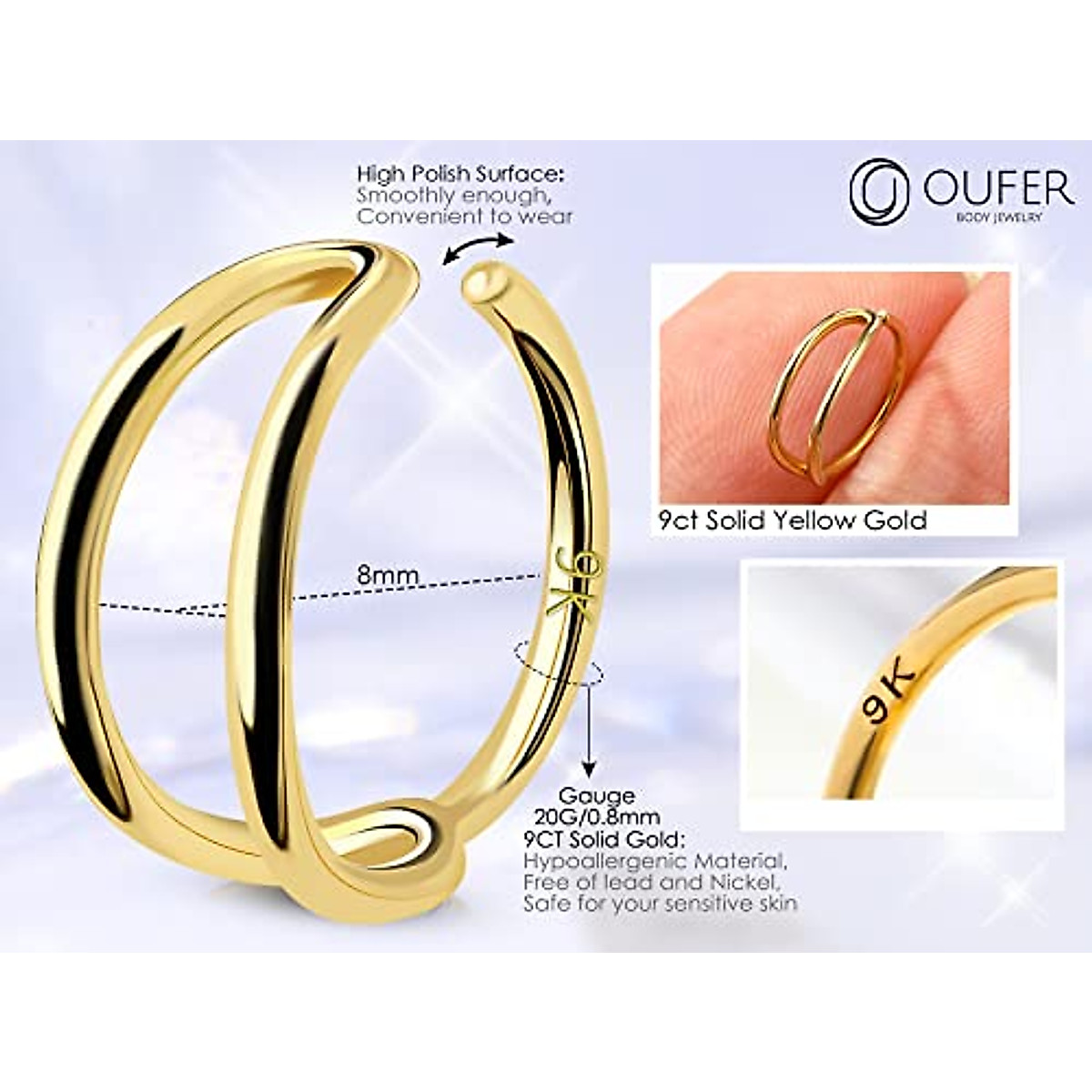 OUFER 20G Nose Rings Hoops, 9K Solid Gold Double Row Nose Rings, Seamless Open Cartilage Earrings, Nose Piercing Jewelry for Women and Men