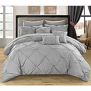 Chic Home 10 Piece Hannah Pinch Pleated, ruffled and pleated complete King Bed In a Bag Comforter Set Silver With sheet set