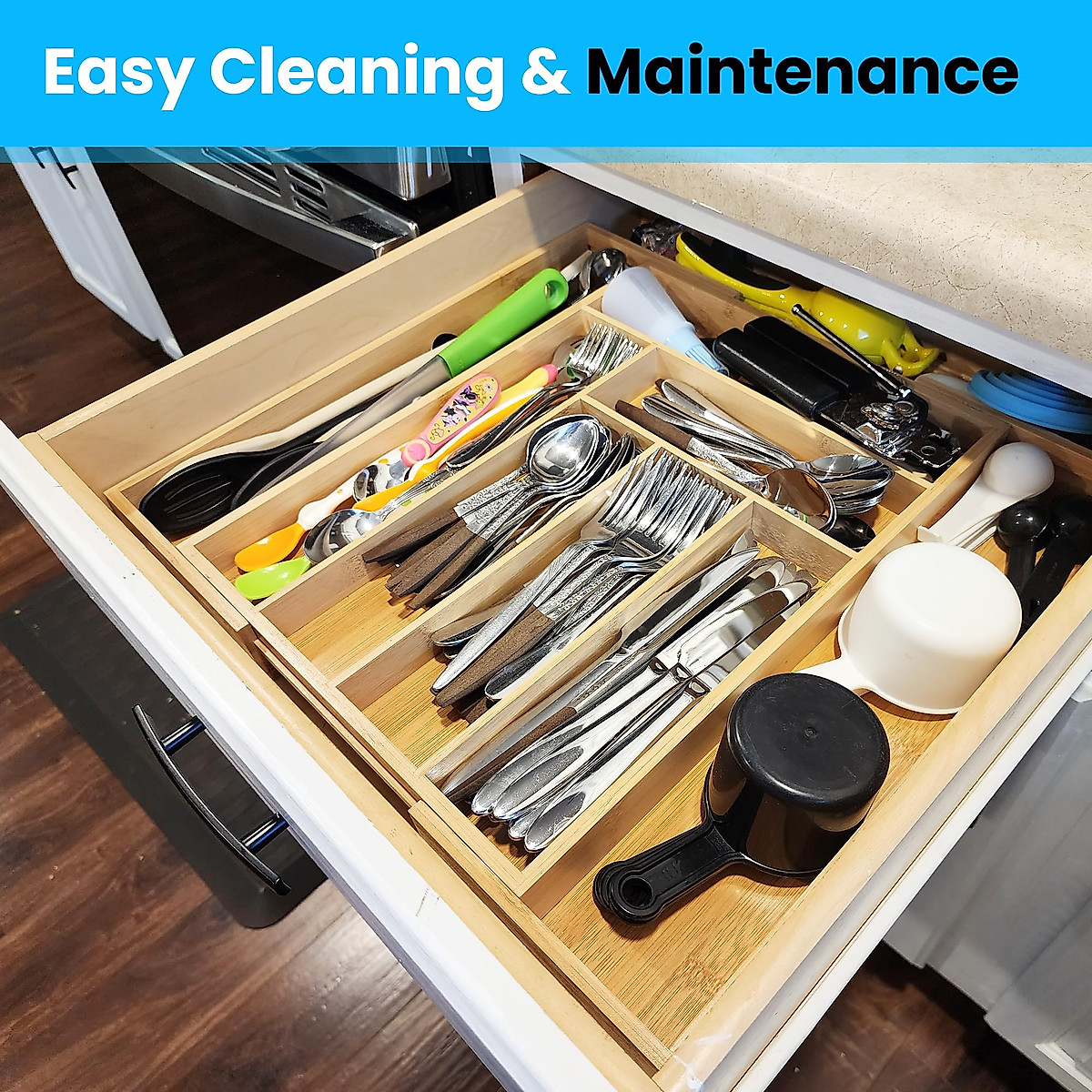 LifeReorganized Organize Your Kitchen, Makeup & Jewelry w/Expandable Bamboo Drawer Organizer Tray-Silicone Feet, Cutlery Flatware & Silverware Knife Fork Spoon Cosmetics-Keep Countertop Organized!