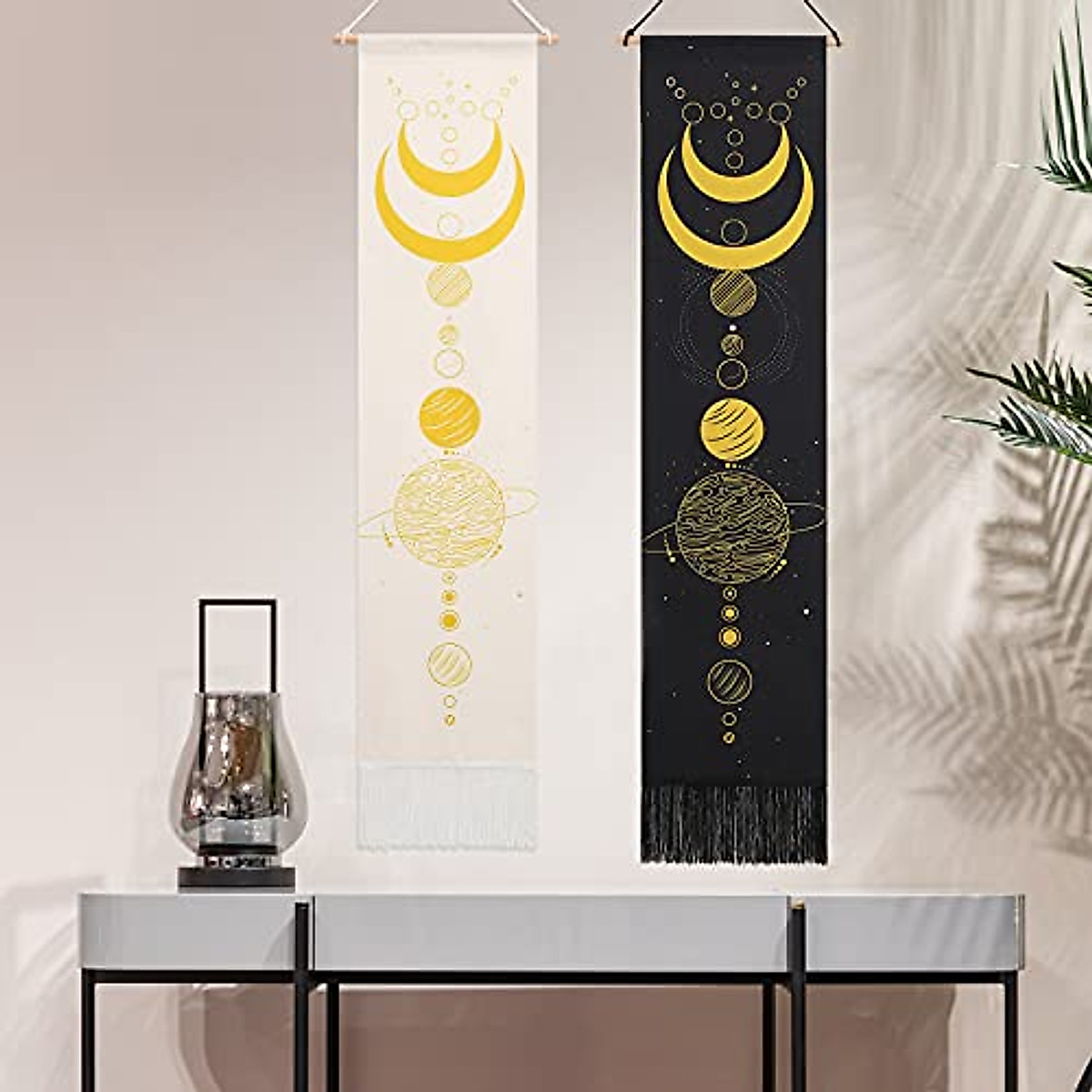 Lourny Sun and Moon Phase Wall hanging - 2 Pcs Long Black and White Tapestry Starry Night Sky Small Tapestries Decor for Bedroom Living Room(Black+White Moon)