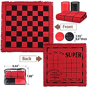 Giant Checkers Board Games, 3 in 1 Tic Tac Toe Board Game with 24 Checker Pieces Reversible Rug - Indoor and Outdoor Games for Family & Party -Gift Ideas for Teen Boys, Kids, Adults