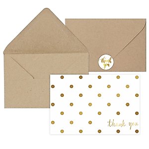 Racrico 24 Gold Foil Thank You Cards with Kraft Envelopes and Stickers,4x6 In Elegant Design Thank You Cards Notes, Suitable for Wedding, Bridal, Graduation,Baby Shower, Business.