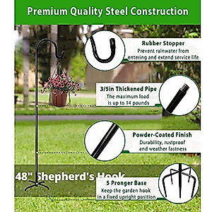 Garden Shepherd Hook Outdoor with 5 Prong Base, Bird Feeder Pole Hanger Holder Stand, Adjustable Heavy Duty Solar Light Plant Lantern Hanger Holder, Wedding Decor Matte Black (48 Inch- 2 Packs)