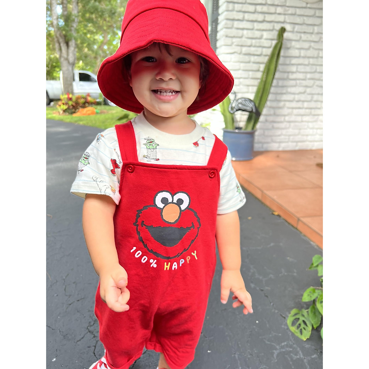 Sesame Street Elmo Newborn Baby Boys French Terry Short Overalls T-Shirt and Hat 3 Piece Outfit Set Red/White 0-3 Months