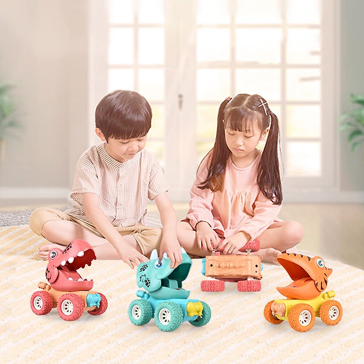 WedFeir Dinosaur Pull Back Cars Set of 3, Flashing Lights and Dino Roar Music Toys Dinosaur Toys for 3 Year Old Boy, Dinosaurs Pull Back Cars, Monster Trucks for Kids, Bithday Gifts for 3+ Years Old.