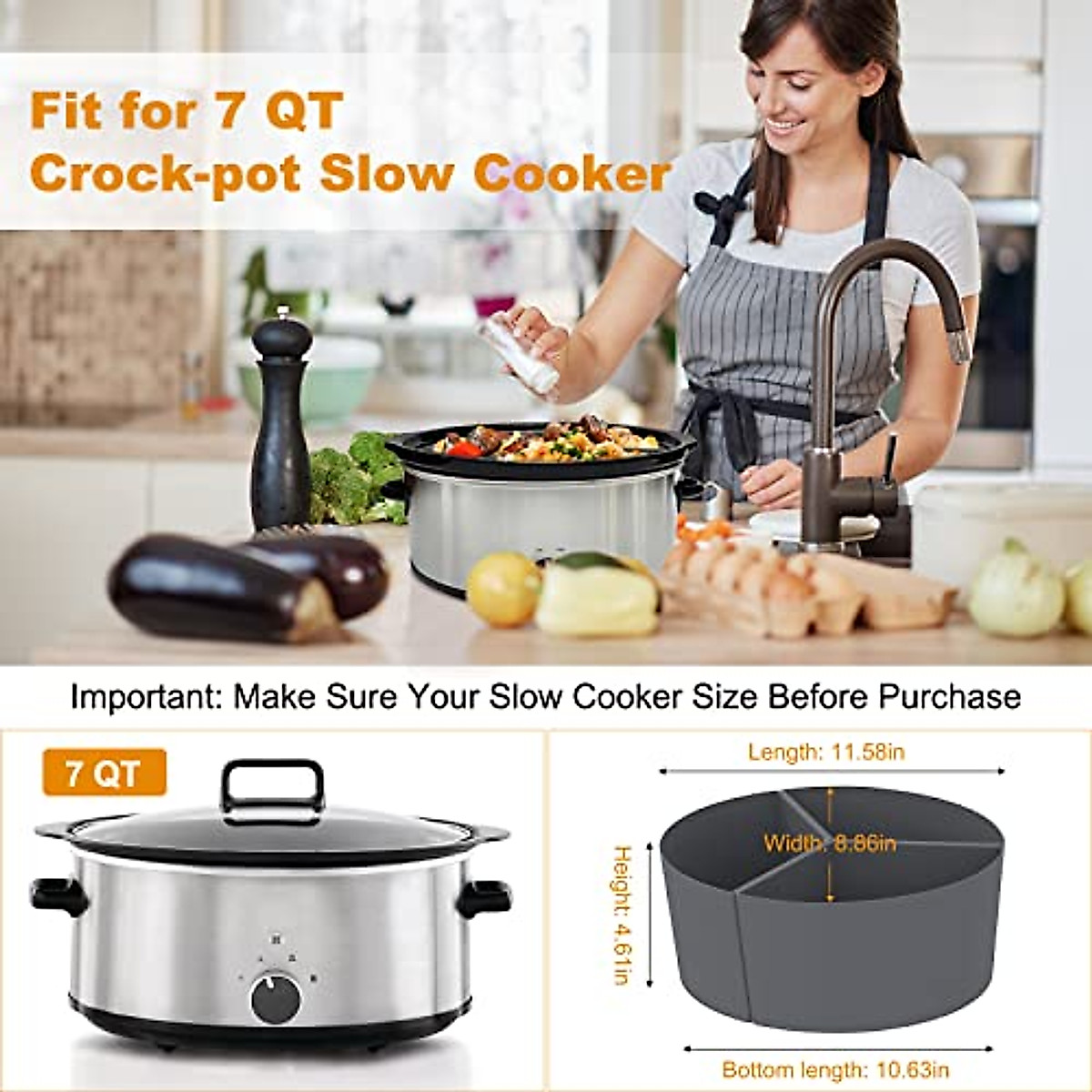 Dompion Silicone Slow Cooker Liners, Reusable 3 Divider Insert Fits for Crock-pot Oval 7 QT Slow Cooker, Dishwasher Safe, Easy Cleanup, Food-Grade BPA Free Cooking Liners for Most 7 QT Slow Cooker