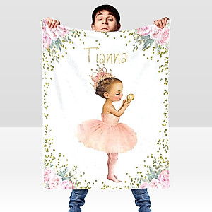 XOZOTY Personalized Cute Golden Hat Girl Pink Flowers Baby Blanket with Name Custom Baby Nursery Throw Fleece Blankets for Boys and Girls Birthday Tapestry 30 X 40inch