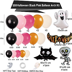 Hot Pink Halloween Balloon Garland Arch Kit,133Pcs Black Orange Pink Sand White Balloons Large Wings Ghost Skeleton Bat Foil Balloons for Kids,Family,Halloween Party Background Cosplay Theme Party