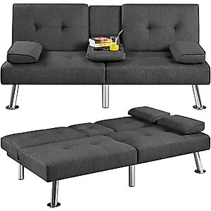 66'' Convertible Futon Sofa Bed Modern Folding Small Couch Bed Linen Fabric, Recliner Lounge Sofa for Living Room with 2 Cup Holders, Removable Armrests, Sleeper Loveseat, Futon Set (Black+ Gray)