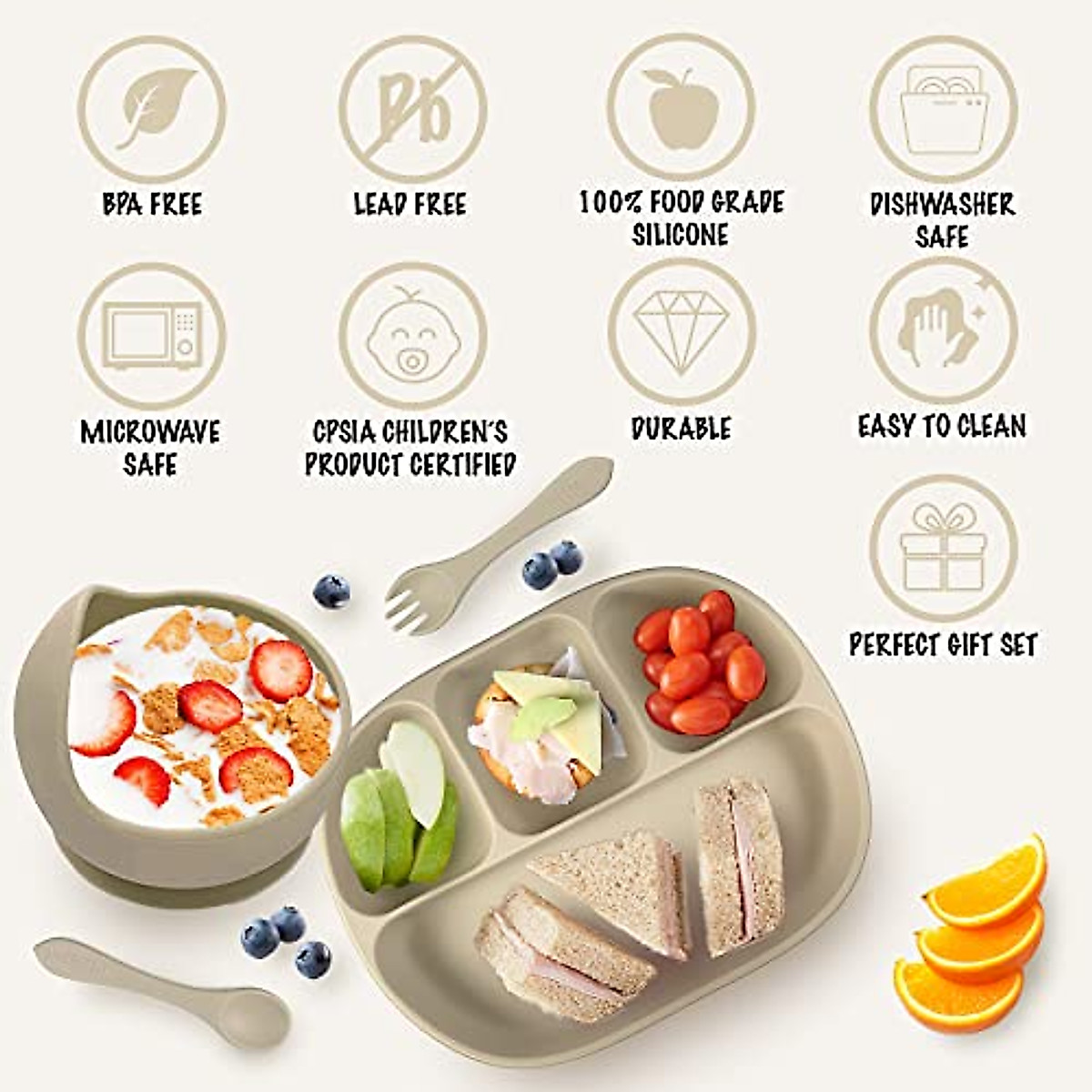 Littlesol Baby Led Weaning Supplies - Complete Silicone Baby Feeding Set - Includes Baby Plate, Spoon, Fork, Bib, Bowl, Water & Snack Cup - Food Grade Silicone BPA Free - Dishwasher Safe (Beige)