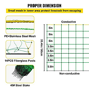 VEVOR Electric Fence Netting, 35.4" H x 164' L, PE Net Fencing with 14 Posts Double Spiked, Utility Portable Mesh for Goats, Sheep, Lambs, Deer, Hogs, Dogs, Used in Backyards, Farms and Ranches, Green