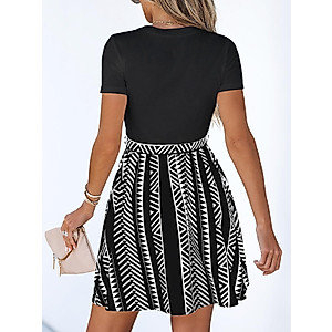 CUPSHE Women‘s Short Sleeve Dress Crew Neck Belted Stripe A Line Mini Summer Dresses, Black L