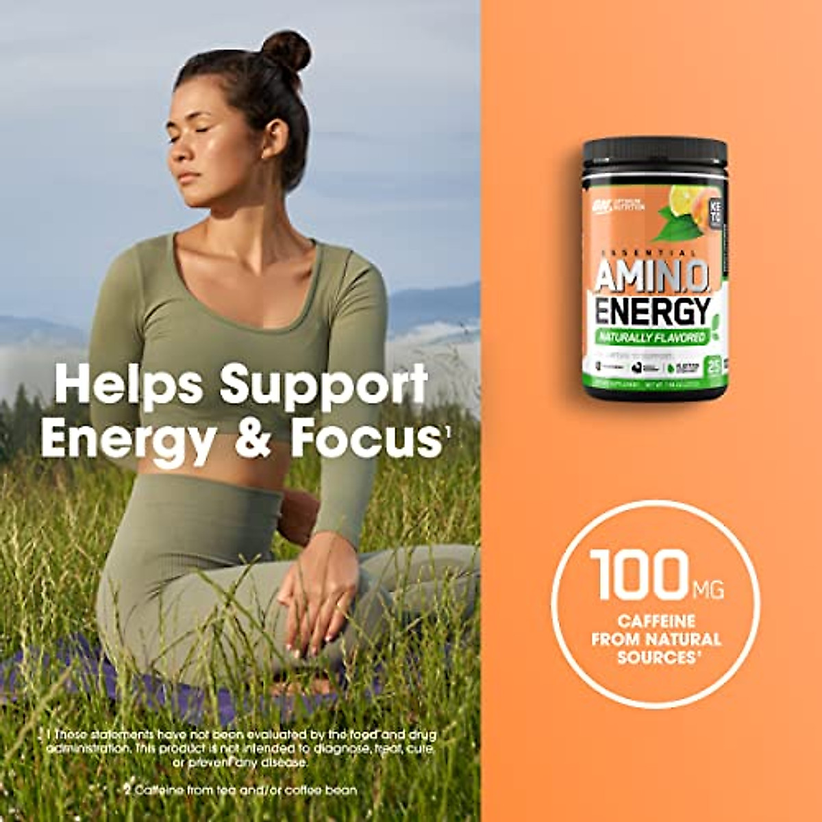 Optimum Nutrition Amino Energy Naturally Flavored Powder, Pre Workout, BCAAs, Amino Acids, Keto Friendly, Green Tea Extract, Energy Powder - Peach Lemonade, 25 Servings