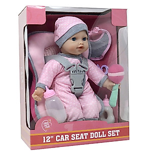 Doll Travel PlaySet - Baby Doll Car Seat Carrier Backpack with 12 Inch Soft Body Doll Includes Doll Bottles and Toy Accessories … (Caucasian)