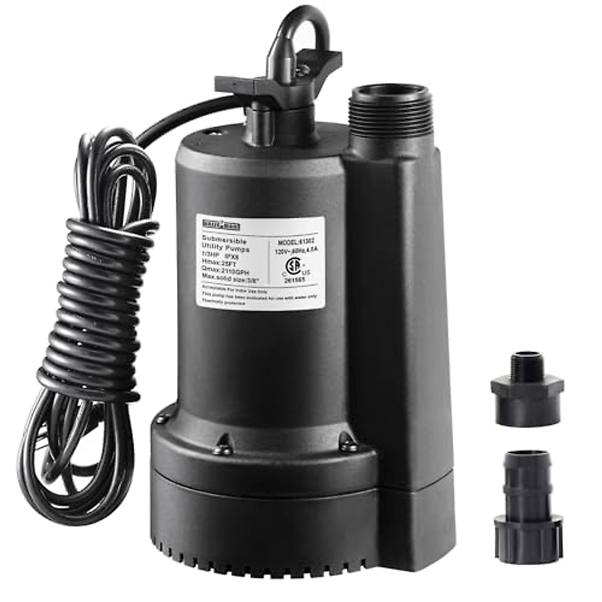 WASSERMANN 1/3HP Utility Pump 2100GPH Thermoplastic Sump Pump Submersible Water Pump with 10ft Cord, Electric Portable Water Pump for Swimming Pool Hot Tubs Garden Pond Draining Basement