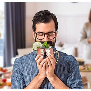 ARTISANS VILLAGE Moscow Mule Mugs | Set of 4 | Stainless Steel Lining | Pure Copper Plating | 100% Handcrafted Hammered Cups | Size 16 oz | With Premium Straws and Shot Glass