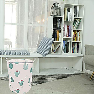 Large Storage Bins 19.7x15.7 Inch, ZUEXT Waterproof Foldable Cotton Canvas Fabric Storage Bin, Collapsible Round Clothes Laundry Hamper w/Leather Handles, Cactus Storage Basket, Toy Books Holder