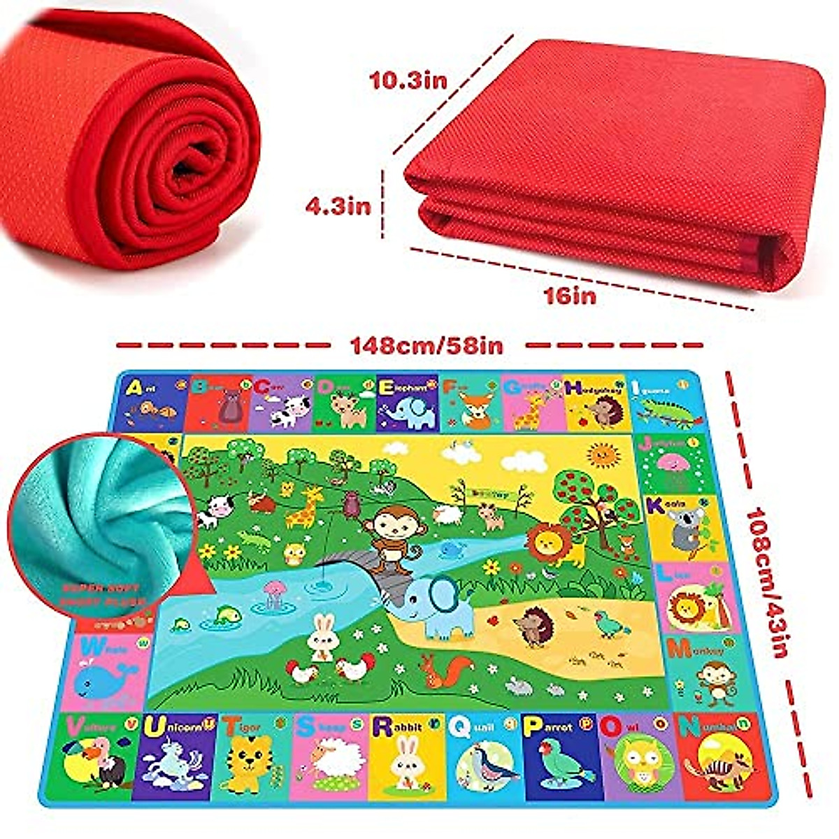 beetoy Baby Play Mats for Floor Crawling Mat Baby Play Rug Foldable Non-Slip Large Super Soft Extra Thick Plush Surface Animal Alphabet Play Mat for Baby (59*44 Inch, 6mm)
