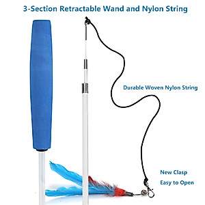 Cat Toys Feathers Wand, Interactive Cat Toy Kitten Toys 2 Retractable Cat Wand Toy and 7 Feather Teaser Refills with bells, Telescopic Cat Fishing Pole Toy for Indoor Bored Cats Gifts Exercise Pack