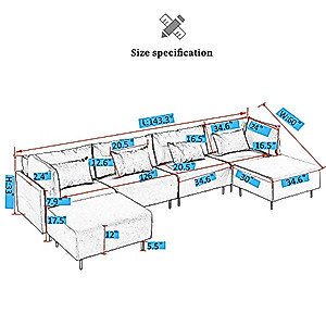 Hommoo Modern Reversible Sectional Sofa Couch for Living Room U Shaped Sectional with 2 Ottomans Comfy Linen Fabric 4 Seat Sofa with Metal Legs Large Modular Sofa Couch with Pillows 143" Blue