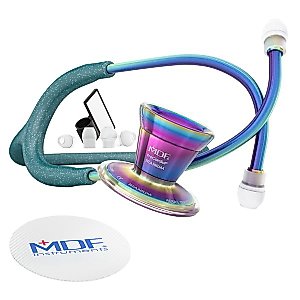 MDF Instruments Green Glitter Kaleidoscope ProCardial Cardiology Stethoscope, Limited Edition Mprints, Lightweight Titanium, Adult, Dual Head, Green Glitter Tube, Chestpiece-Headset, MDF797TGL21KL