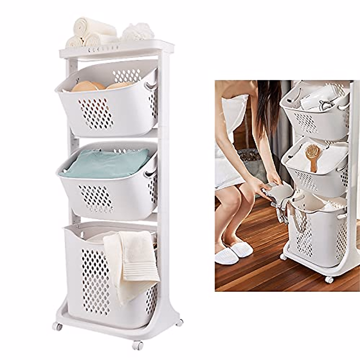 3 Tier Laundry Hamper Basket, Laundry Storage Basket Sorter Clothes Storage Organizer Shelf Rolling Cart 360° Rolling Laundry Storage Basket Dirty Clothes Organizer Shelves Beige