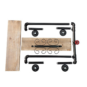 BSTGIFTS Wall Mounted Wine Rack - Wine Bottle Glass Holder - Industrial Pipe Floating Shelves - 2-Tiers Wood Shelf, Storage Shelves