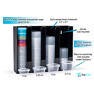IneVibe Portion Cup and Lid Holder - 4 Compartment Acrylic Organizer for Condiment & Sauce Cups, Fits Cups 2 oz to 5.5 oz in Size, Use Dispenser on Counter or Wall Mount