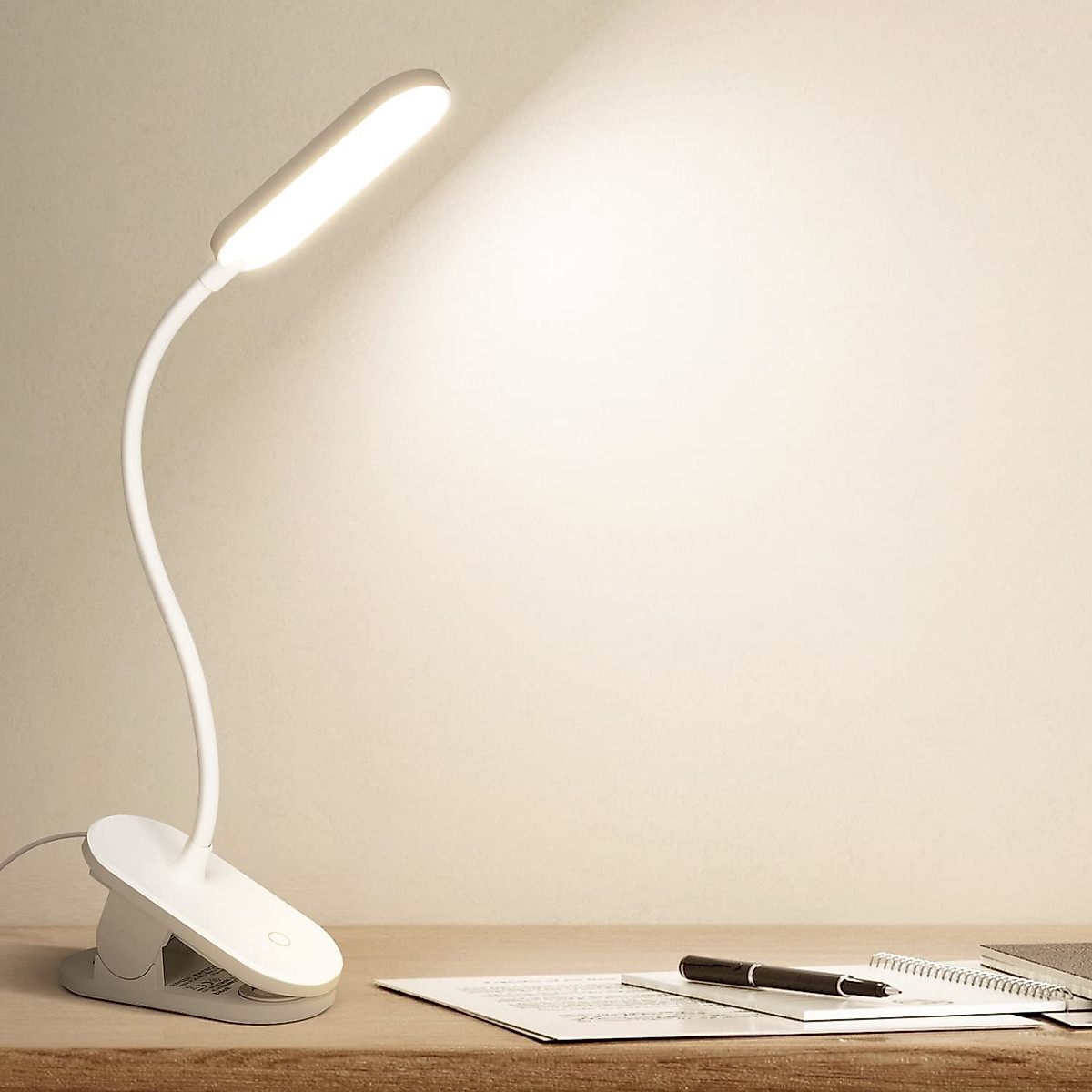 Aigostar Rechargeable Clip on Book Reading Light, Brightness Desk Lamp Touch LED Table Light with 3 Levels Dimmable,Built-in USB Cable,Long Lasting Portable Bed Bedside Clamp Light White