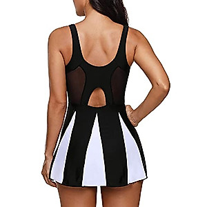 American Trends Bathing Suit for Women Tummy Control Swim Dress One Piece Swimsuits Mesh Swimming Suit Skirt Swimwear Black White 14-16