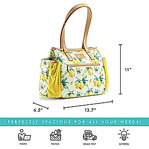 Fit & Fresh Copley Adult Insulated Lunch Bag with Side Pouches & Carry Handles, Complete Lunch Kit Includes Matching Tumbler & Salad Kit, Lemons