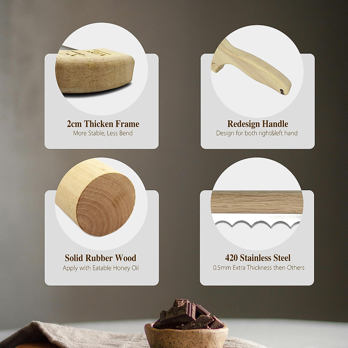 Arflo Wooden Bread Bow Knife - 16" Bread Bowl Knife - 420 Premium Stainless Steel Bread Saw with Protective Cover - Bread Knife for Homemade Bread - Sourdough Bread Knife