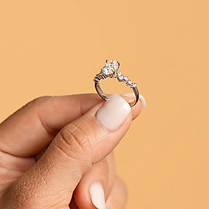 PEORA 1.50 Carats Moissanite Engagement Ring and Wedding Band Bridal Set Scattered Side Stones 925 Sterling Silver, Round Brilliant Shape, D-E Color, VVS Clarity, Size 10