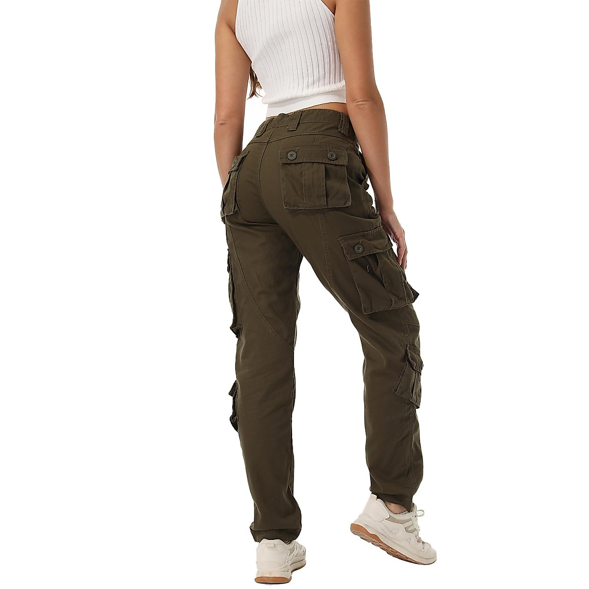 Raroauf Tall Girls Casual Pants for Women's Mid-Rise Cotton Work Cargo Pants Y2K Baggy Tactical Combat Trousers 8 Pockets Army Green Size 38/US 16