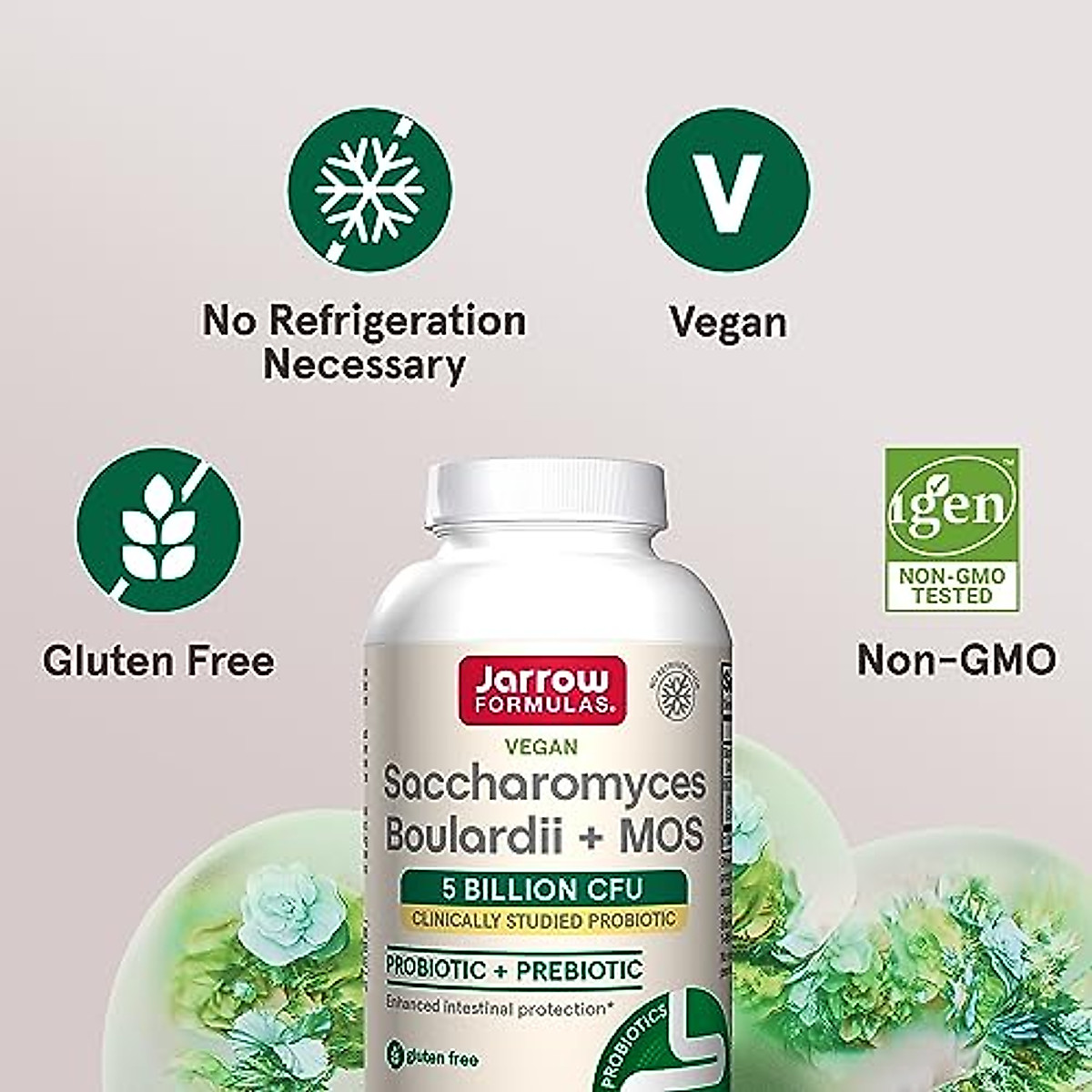 Jarrow Formulas Saccharomyces Boulardii Probiotics + MOS 5 Billion CFU Probiotic Yeast for Intestinal Health Support, Gut Health Supplements for Women and Men, 90 Veggie Capsules, 90 Day Supply