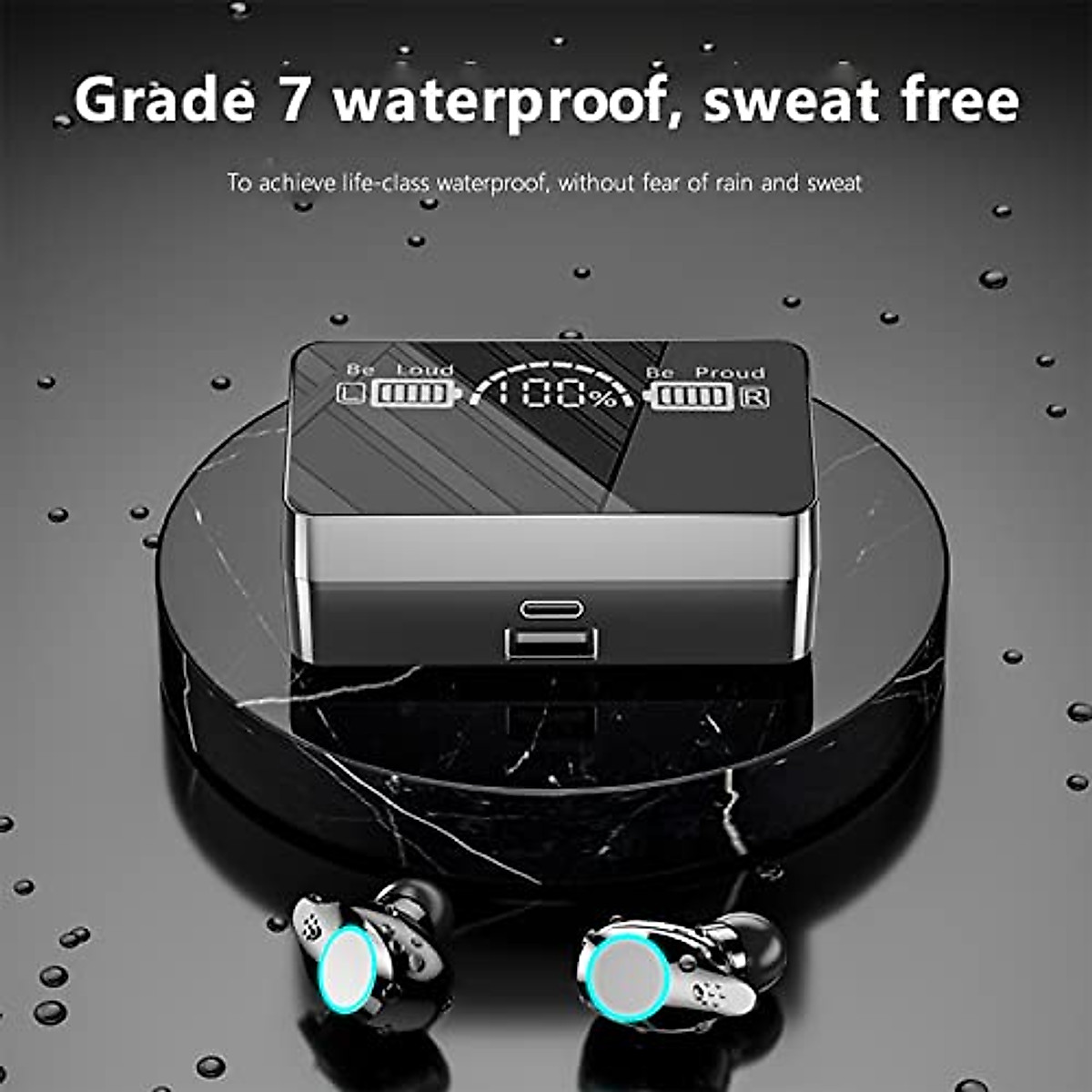 Wireless Bluetooth LED Display Electroplated Earphones,9D HiFi Stereo Sound with Mic,with Charging Case, Binaural Call,Noise Reduction Technology, IPX7 Waterproof, for Sports, for iOS Android (Black)