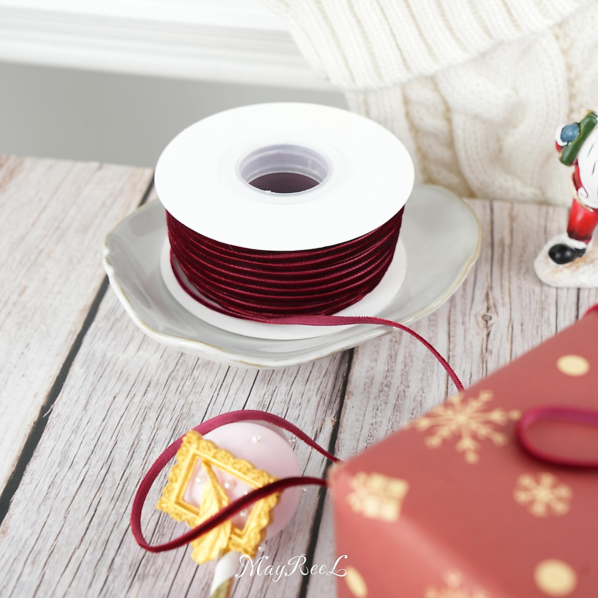 MAYREEL 1/8 Inch Burgundy Velvet Ribbon Thin Maroon Vintage Ribbon for Wedding Invitations Crafts Gift Wrapping Party Favor Boxes 50 Yards