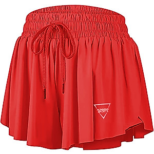 QooNoo 2 in 1 Athletic Shorts for Women Flowy Running Butterfly Shorts with Pockets High Elastic Gym Shorts Workout Tennis Skorts (Red,Small)