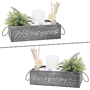 LadyRosian Bathroom Decor Box, 2 Sides of Signs for Bathroom Decor Boxes, Toilet Paper Holder, Farmhouse Rustic Wood Storage Bin Funny Home Storage Box for Livingroom Kitchen, Counter Table Decor