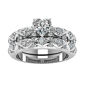 Women 2PCS Inlaid Zircon Proposal Rings Set Heart Shaped Simulated Diamond Elegant Ring Bridal Wedding Band (Sliver, 11)