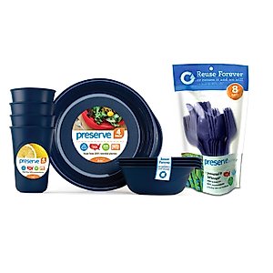Preserve Reusable BPA Free Everyday Tableware Set with Cutlery Made from Recycled Plastic: 4 Plates, 4 Bowls, 4 Cups and 24 pieces of Cutlery, Midnight Blue