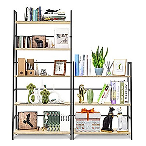 5 Tier Bookshelf Industrial Ladder Shelf Open Display Storage Rack Wood Bookcase with Metal Frame, Freestanding Storage Shelves for Home Office, Living Room, Bedroom, Kitchen