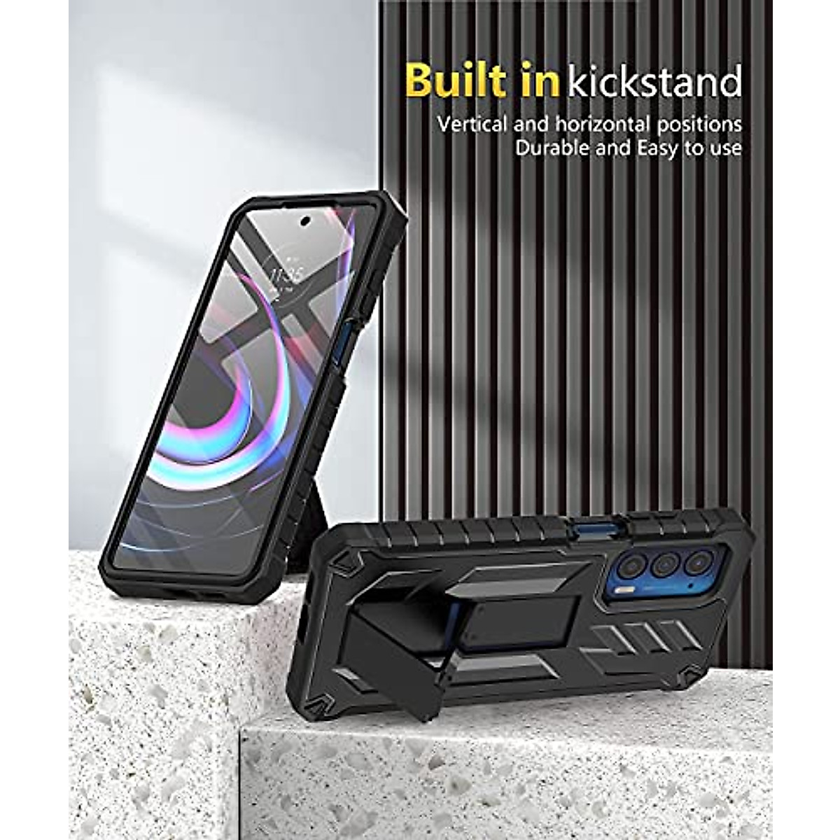 for Motorola Edge 2021 / Moto Edge 5G UW Case: Built-in Screen Protector Kickstand Full-Body Military Grade Three-Layer Protective Shockproof Rugged Phone Cover with Belt Clip Holster Black