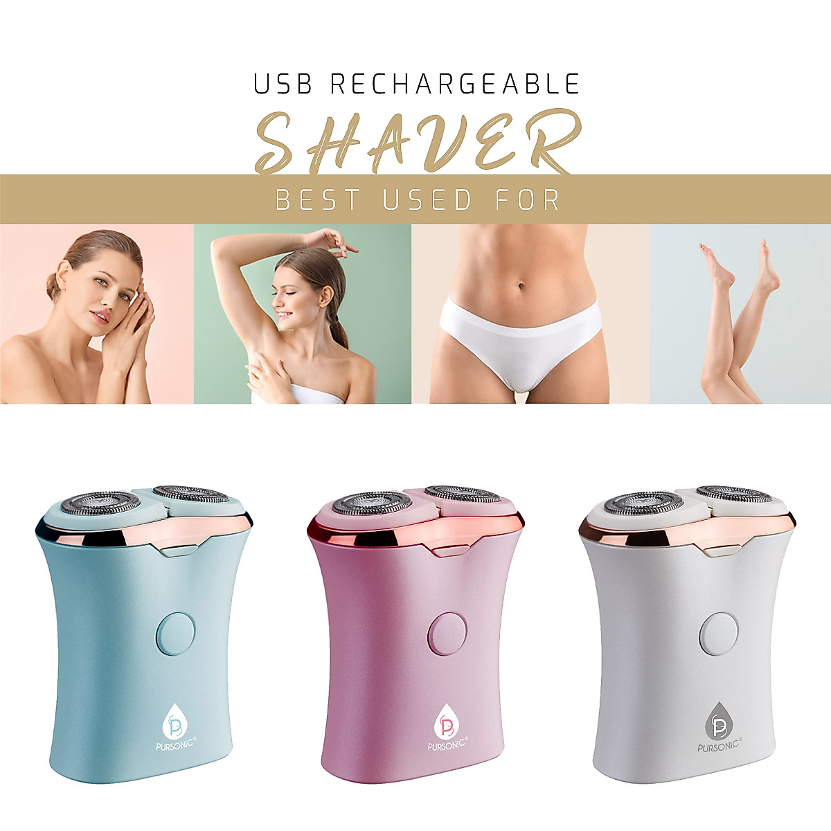 Pursonic USB Rechargeable Ladies Shaver, Removes Hair Instantly & Pain Free, Perfect Design is Great for Legs, Bikini, Arms and Ankles! (Aqua)