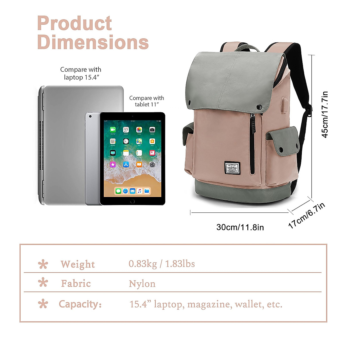 Wind Took leisure backpack for Women College Book Bag Travel Work Daypack Laptop Computer Bag with USB Charging Port Suits 15 Inch Notebook,Light Salmon