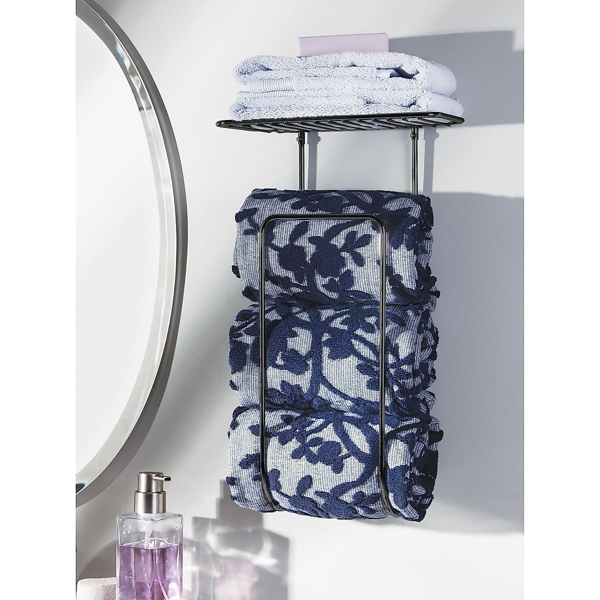 mDesign Steel Wall Mount Towel Rack Holder Organizer with Basket Shelf Storage for Bathroom, Kitchen, Laundry Room - Holds Towels, Washcloths, Hand Towels - Concerto Collection - Matte Black