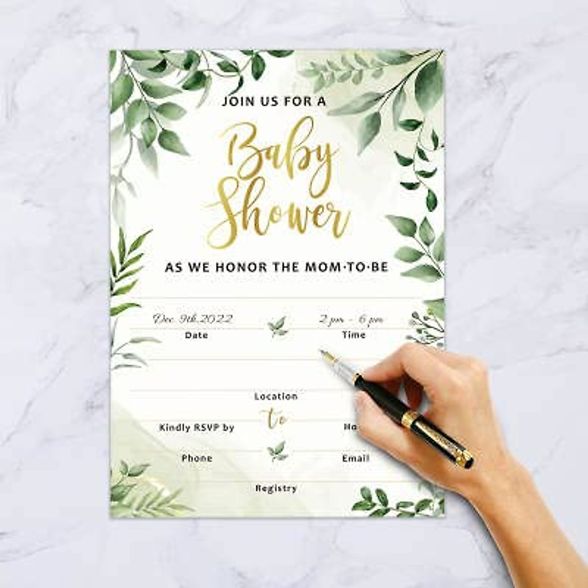 25 Double-Sided Greenery Baby Shower Invitation Set with Envelopes,Gender Neutral Blank Fill-in Invites for Boy or Girl, Double-Sided Diaper Raffle, Thank You Cards and Seals